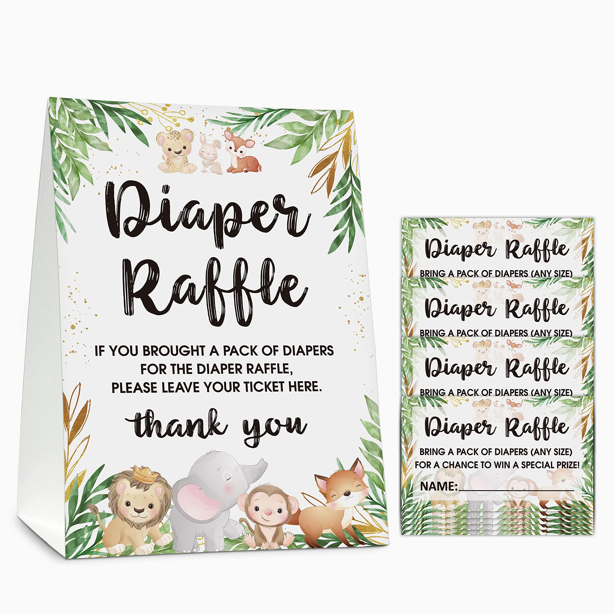 Diaper Raffle Baby Shower Game Set(1 Standing Sign + 50 Guessing Cards), Safari Diaper Raffle Tickets for Baby Shower, Jungle Baby Shower Party Favor Decor - A16