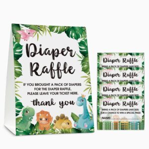 diaper raffle baby shower game set(1 standing sign + 50 guessing cards), dinosaur theme diaper raffle tickets for baby shower, safari jungle baby shower party favor decor - a19