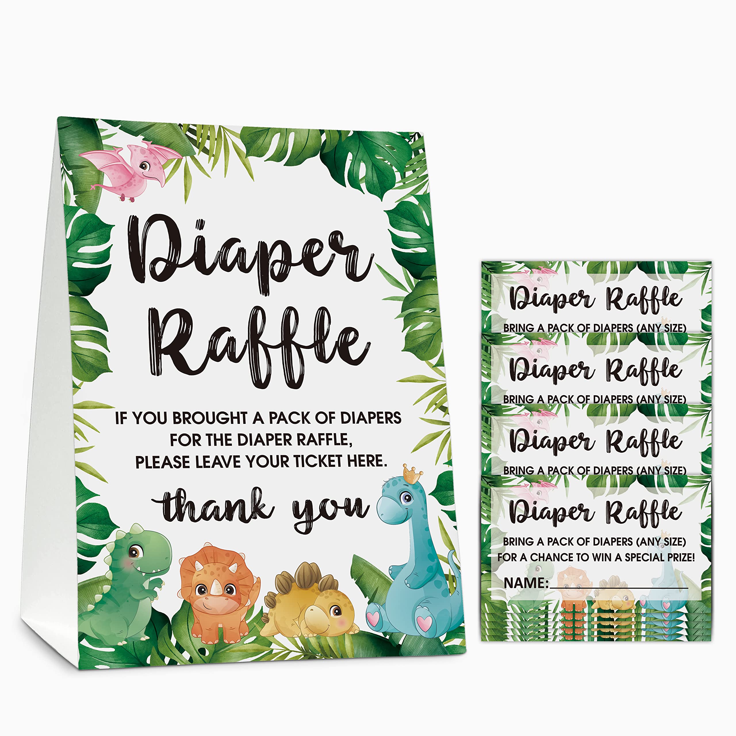 Diaper Raffle Baby Shower Game Set(1 Standing Sign + 50 Guessing Cards), Dinosaur Theme Diaper Raffle Tickets for Baby Shower, Safari Jungle Baby Shower Party Favor Decor - A19