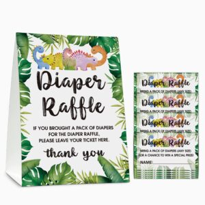 diaper raffle baby shower game set(1 standing sign + 50 guessing cards), dinosaur theme diaper raffle tickets for baby shower, safari jungle baby shower party favor decor - a18