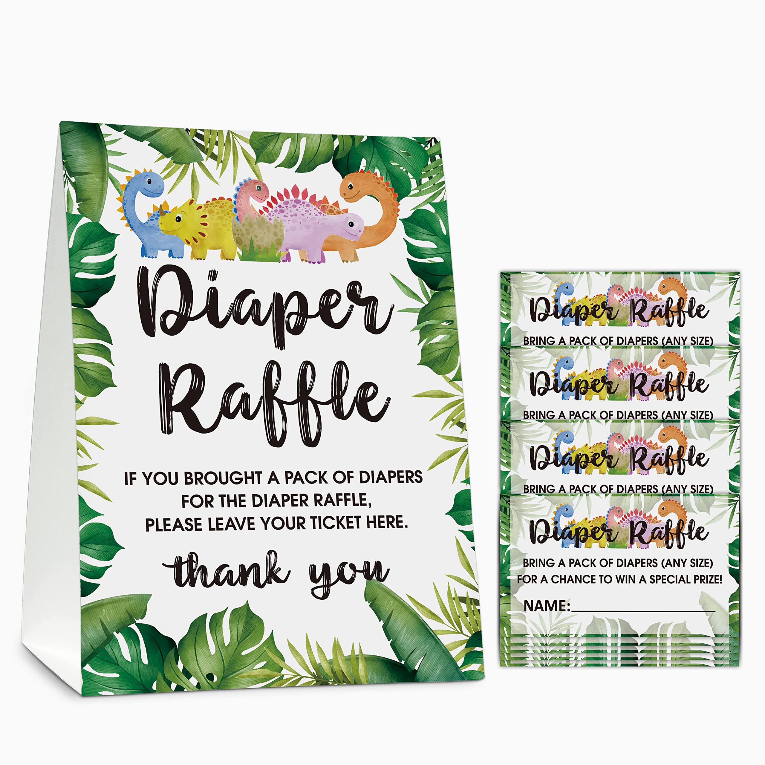 Diaper Raffle Baby Shower Game Set(1 Standing Sign + 50 Guessing Cards), Dinosaur Theme Diaper Raffle Tickets for Baby Shower, Safari Jungle Baby Shower Party Favor Decor - A18