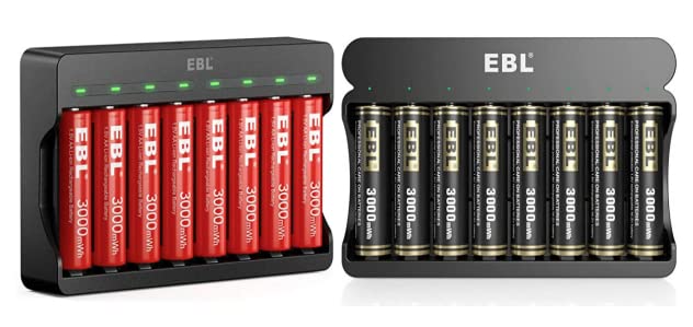 EBL 8 Pack Rechargeable Lithium AA Batteries with Charger and 8 Pack Rechargeable Ni-Zn AA Batteries with Charger