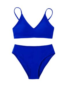 romwe girl's 2 piece swimsuit sport solid high waist bikini set bathing suit blue solid plain 160