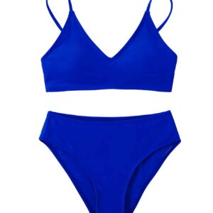 Romwe Girl's 2 Piece Swimsuit Sport Solid High Waist Bikini Set Bathing Suit Blue Solid Plain 160