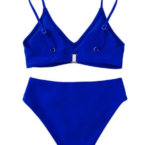 Romwe Girl's 2 Piece Swimsuit Sport Solid High Waist Bikini Set Bathing Suit Blue Solid Plain 160