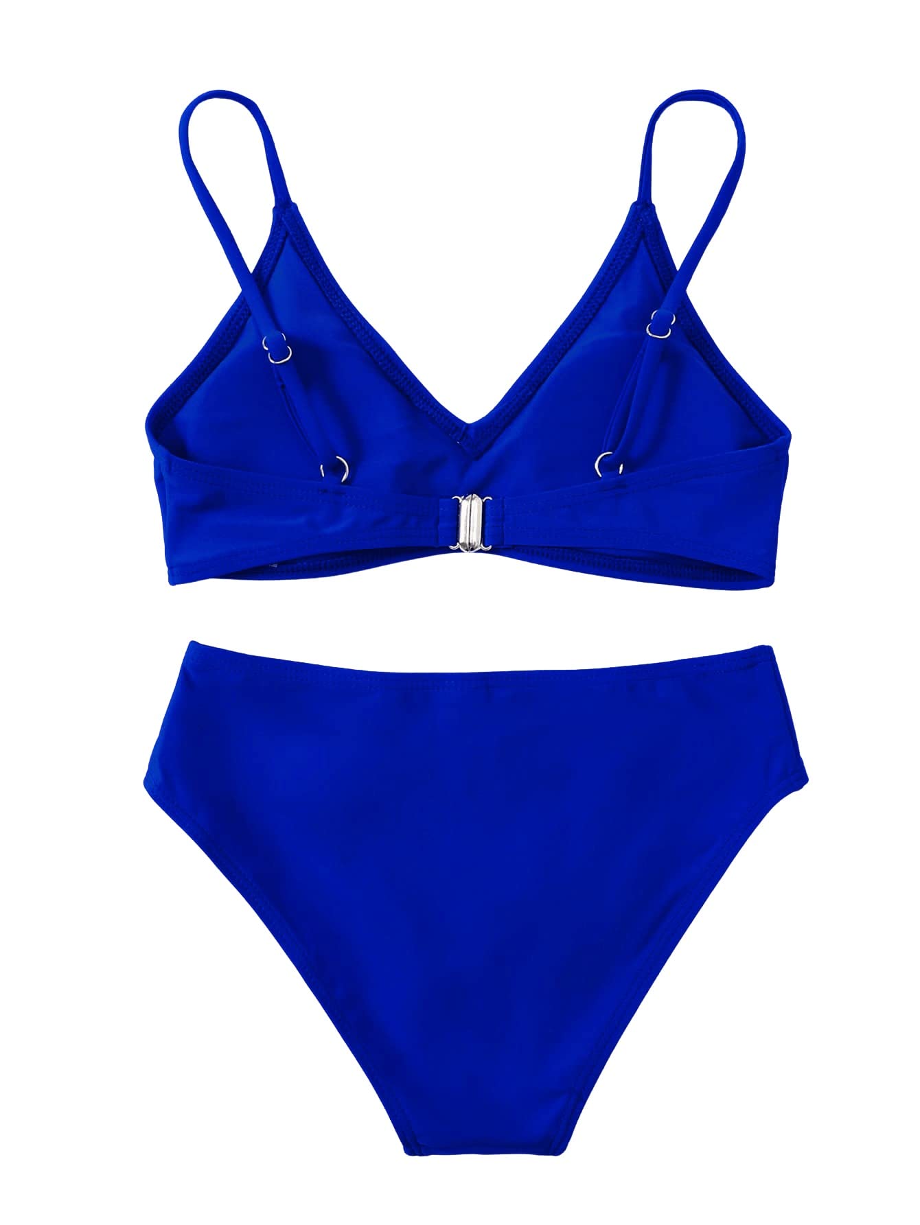 Romwe Girl's 2 Piece Swimsuit Sport Solid High Waist Bikini Set Bathing Suit Blue Solid Plain 160