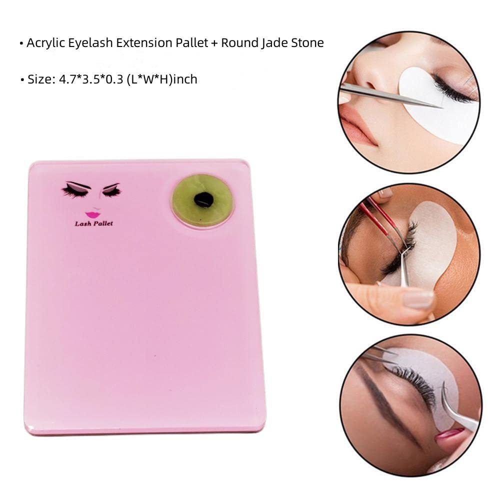 Sisiter 2-in-1 Acrylic Eyelash Extension Pallet + Round Jade Stone Set Eyelash Grafting Tool Pad Lash Tray Gasket (Pink)