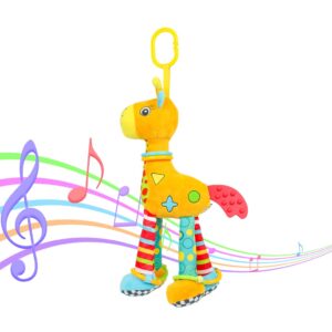 kakiblin baby car seat toy, baby stroller toys, soft hanging rattle baby toy teething stuffed toy, animal plush wind chime with teether and c-clip ring for infant(yellow)