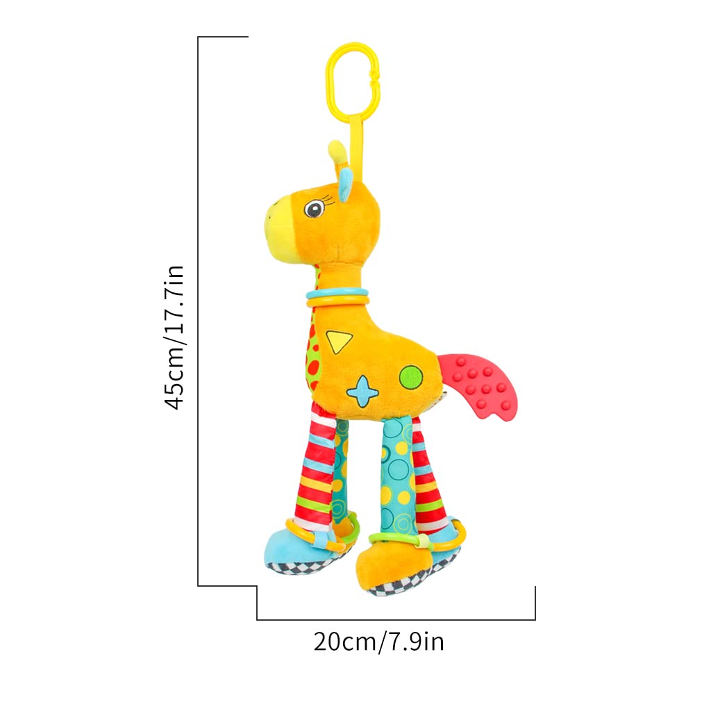 KAKIBLIN Baby Car Seat Toy, Baby Stroller Toys, Soft Hanging Rattle Baby Toy Teething Stuffed Toy, Animal Plush Wind Chime with Teether and C-Clip Ring for Infant(Yellow)