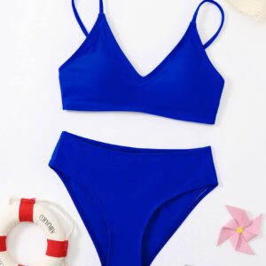 Romwe Girl's 2 Piece Swimsuit Sport Solid High Waist Bikini Set Bathing Suit Blue Solid Plain 160