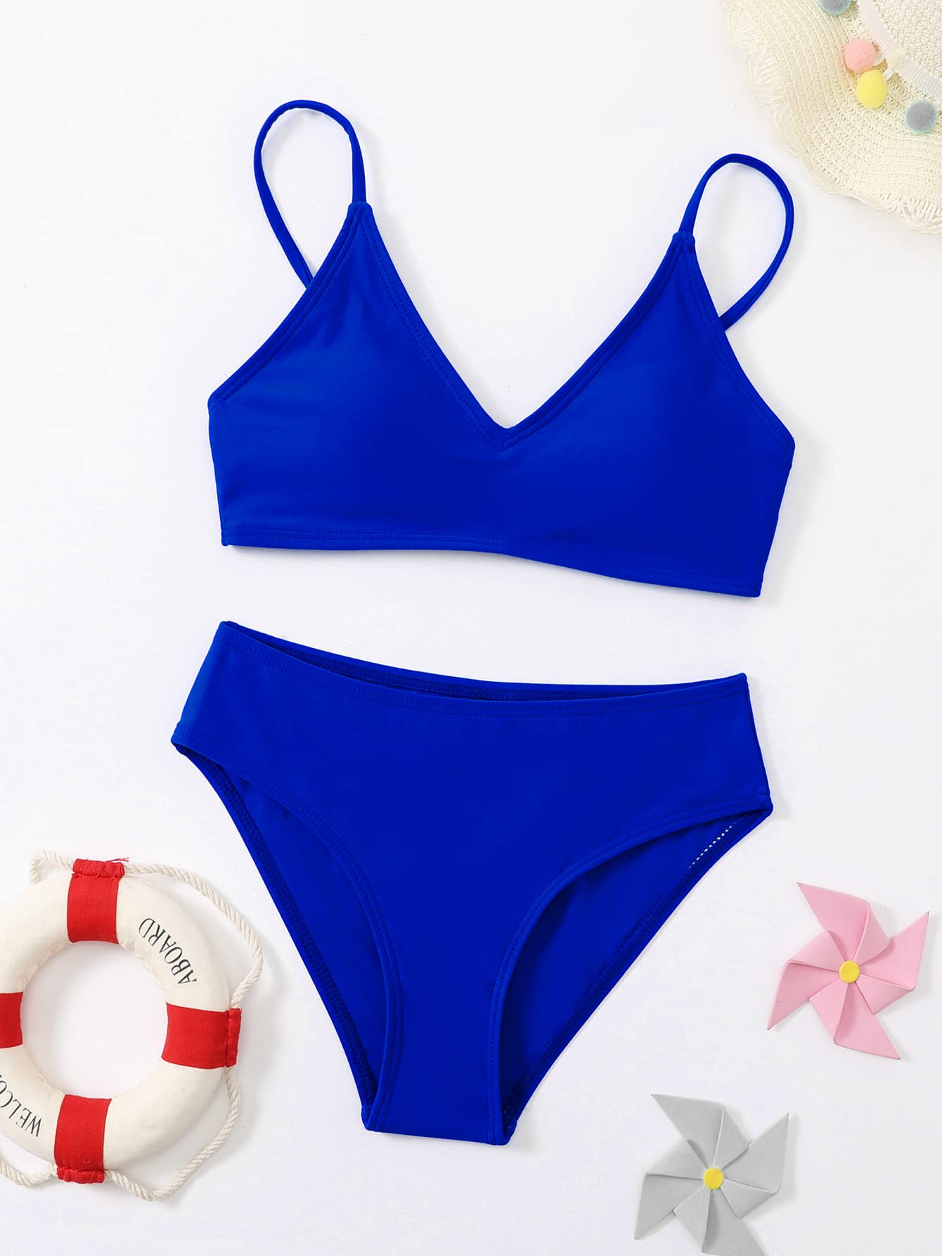 Romwe Girl's 2 Piece Swimsuit Sport Solid High Waist Bikini Set Bathing Suit Blue Solid Plain 160