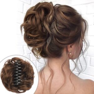 qiaoruixin claw clip in hair bun - messy curly hairpieces combs add ponytail - synthetic hair extensions for women (light brown).