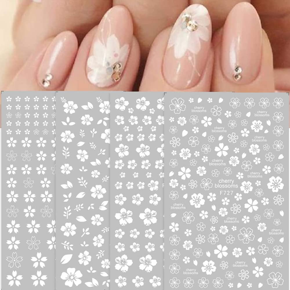 Flower Nail Stickers 3D Self-adhesive Nail Art Supplies 4 Sheets White Cherry Blossom Nail Art Decals Manicure Tips Nail Decoration Floral Nail Stickers for Acrylic Nails Beauty Charms Accessories