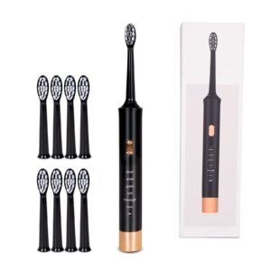 goalie rechargeable electric toothbrush with 9 brush heads & anti-loss usb cable, 6 modes, medium soft bristles, smart timer, v1 travel version black set