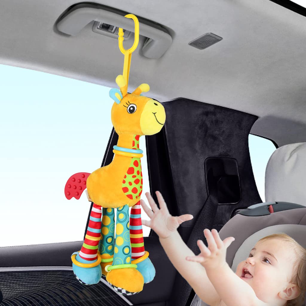 KAKIBLIN Baby Car Seat Toy, Baby Stroller Toys, Soft Hanging Rattle Baby Toy Teething Stuffed Toy, Animal Plush Wind Chime with Teether and C-Clip Ring for Infant(Yellow)