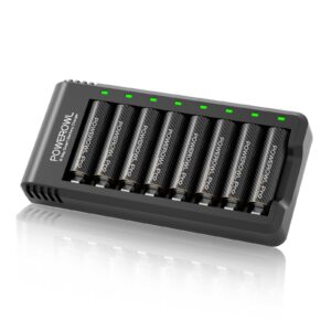 powerowl goldtop rechargeable aa batteries pro w/ 8 bay charger, high capacity 2800mah, premium nimh double a battery -8 count