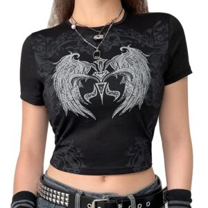 woxlica y2k grunge tops baby tee girls graphic tshirt summer crop tops black l