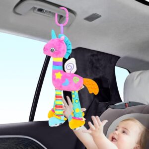 KAKIBLIN Baby Car Seat Toy, Baby Stroller Toys, Soft Hanging Rattle Baby Toy Teething Stuffed Toy, Animal Plush Wind Chime with Teether and C-Clip Ring for Infant(Pink)