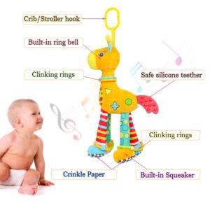 KAKIBLIN Baby Car Seat Toy, Baby Stroller Toys, Soft Hanging Rattle Baby Toy Teething Stuffed Toy, Animal Plush Wind Chime with Teether and C-Clip Ring for Infant(Yellow)