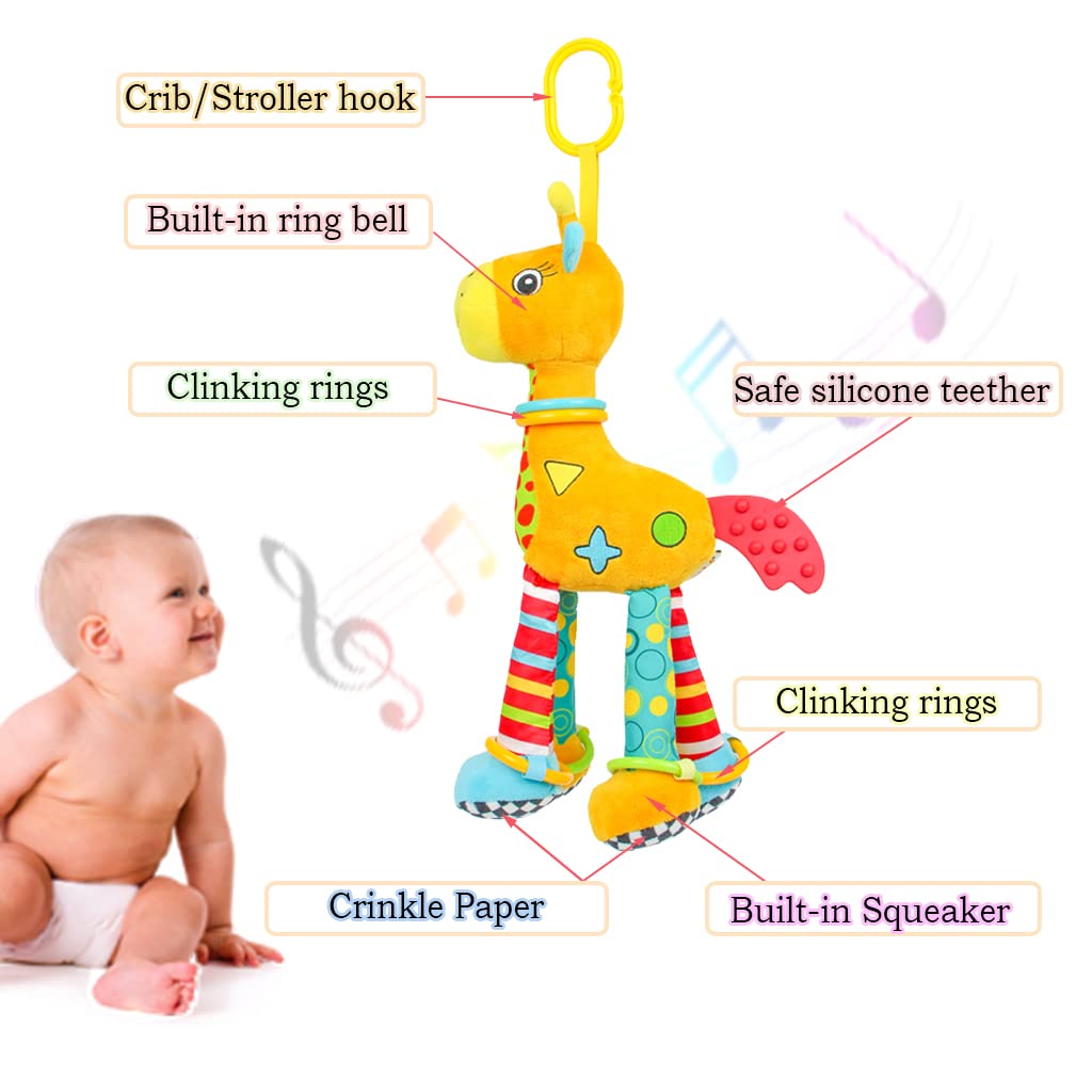 KAKIBLIN Baby Car Seat Toy, Baby Stroller Toys, Soft Hanging Rattle Baby Toy Teething Stuffed Toy, Animal Plush Wind Chime with Teether and C-Clip Ring for Infant(Yellow)