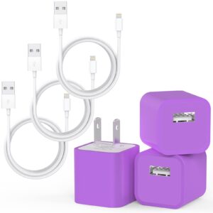 zuqieta iphone charger cable, 3pack (apple mfi certified) data sync charging cords with 3pack usb wall charger travel plug adapter compatible iphone 12 pro/11 pro/xs/xr/x/8/8plus and more-purple