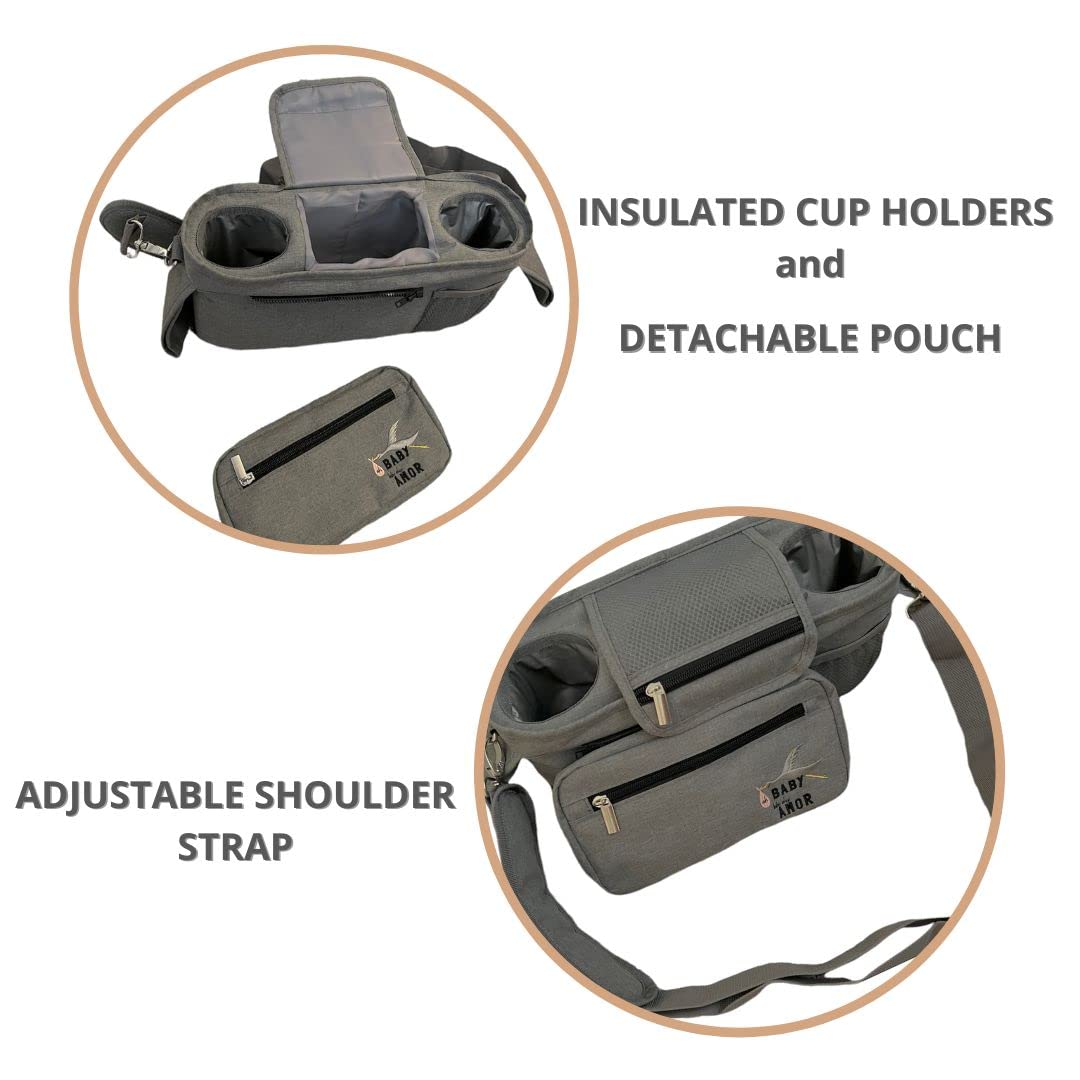 Baby Amor Stroller Organizer with Insulated Cup Holder. Detachable Phone Bag & Shoulder Strap. Fits any stroller.