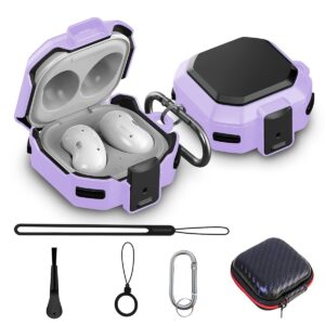 armor cover case for samsung galaxy buds pro case / galaxy buds live case / galaxy buds 2 case [with security lock], silicone+hard pc shockproof case with keychain/straps/ring/cleaning brush(purple)