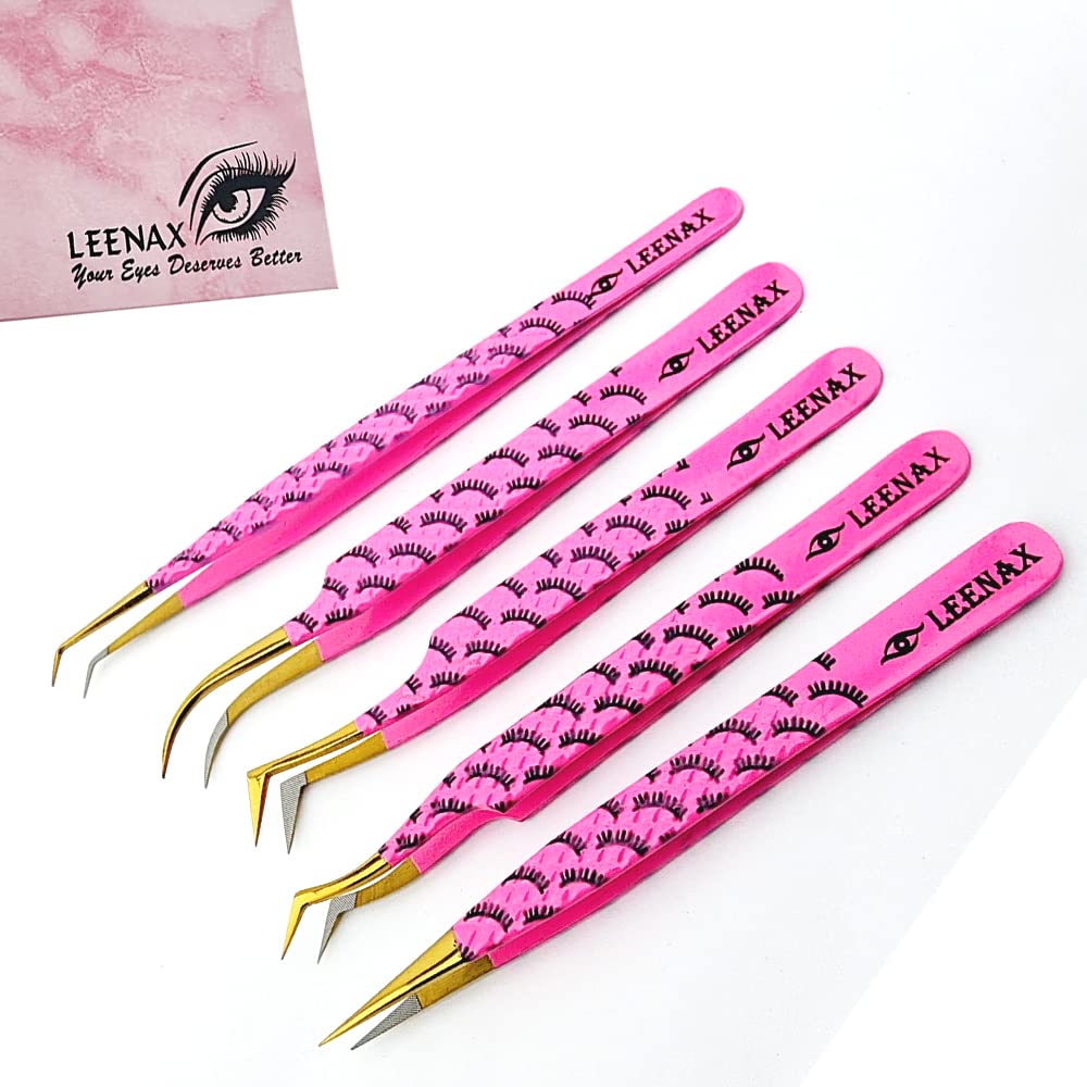 Leenax Diamond Grip Stainless-Steel Eyelash Extension Tweezers for False Lashes Extension 2D -6D Volume Tweezers. BG01 Blue,Gold