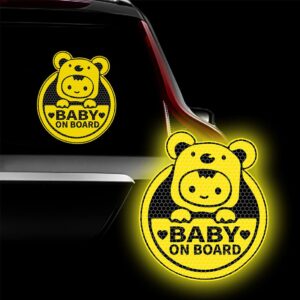 leniutor 2pcs cute koala bear baby on board car sticker, high intensity reflective baby kids in car bumper window warning decal, 6”x 7” (yellow)