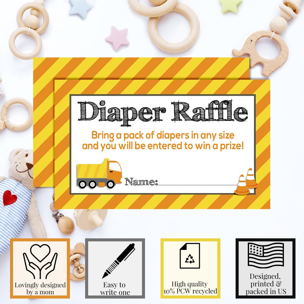 Amanda Creation Baby Under Construction Diaper Raffle Tickets for Baby Boy Showers, 20 2" X 3” Double Sided Insert Cards for Games, Bring a Pack of Diapers to Win Favors & Prizes!