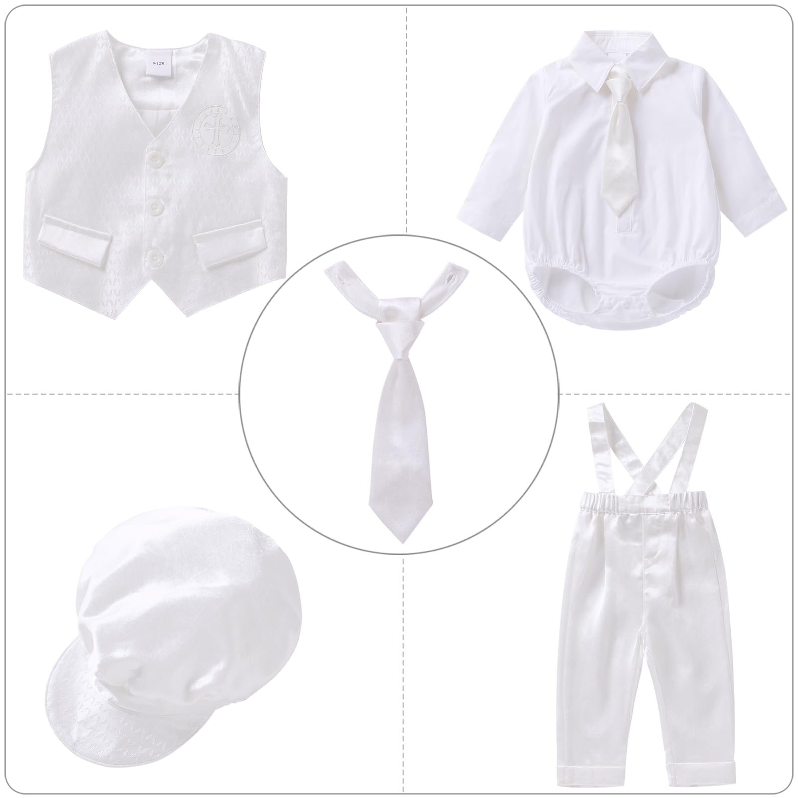 Booulfi Baby Boy Baptism Christening Clothing,Vest Bodyshirt Suspenders Pants Tie 5 Pieces Baby Boy Dress Outfit 3-6M