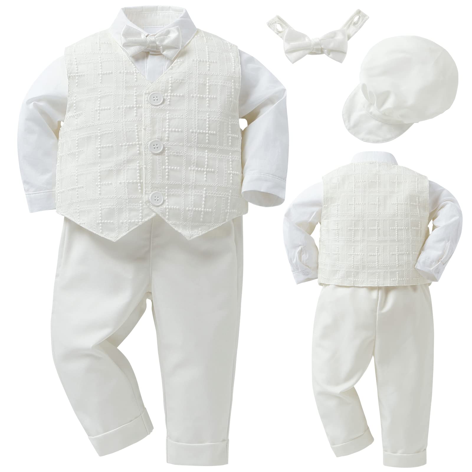 Booulfi Baptism Outfits for Boys, Baby Boy Clothes Formal Gentleman Suits White Dress Shirt Bowtie Suspender Pants Vest Hat, Christening gifts 3-6M