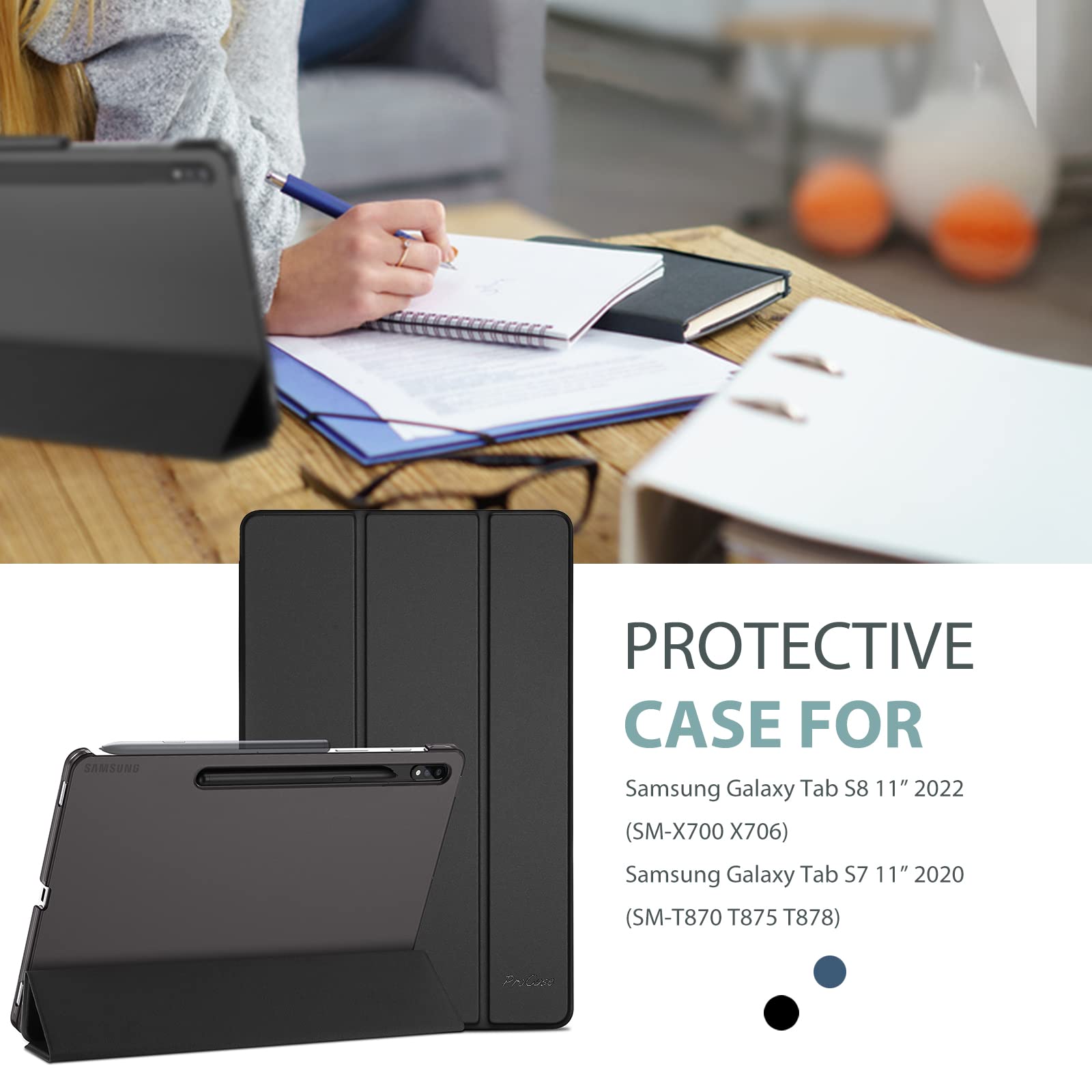 ProCase Cover for Galaxy Tab S8 / Tab S7 11 inch Case, Protective Slim Case Folio Hard Back Stand Smart Cover for 11" Galaxy Tab S8 2022 / Galaxy Tab S7 2020 SM-X700 X706 T870 T875 T878 –Black