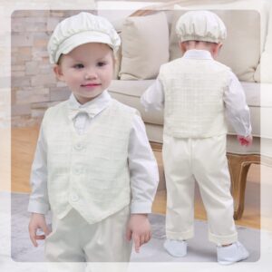 Booulfi Baptism Outfits for Boys, Baby Boy Clothes Formal Gentleman Suits White Dress Shirt Bowtie Suspender Pants Vest Hat, Christening gifts 3-6M