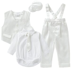 booulfi baby boy baptism christening clothing,vest bodyshirt suspenders pants tie 5 pieces baby boy dress outfit 3-6m