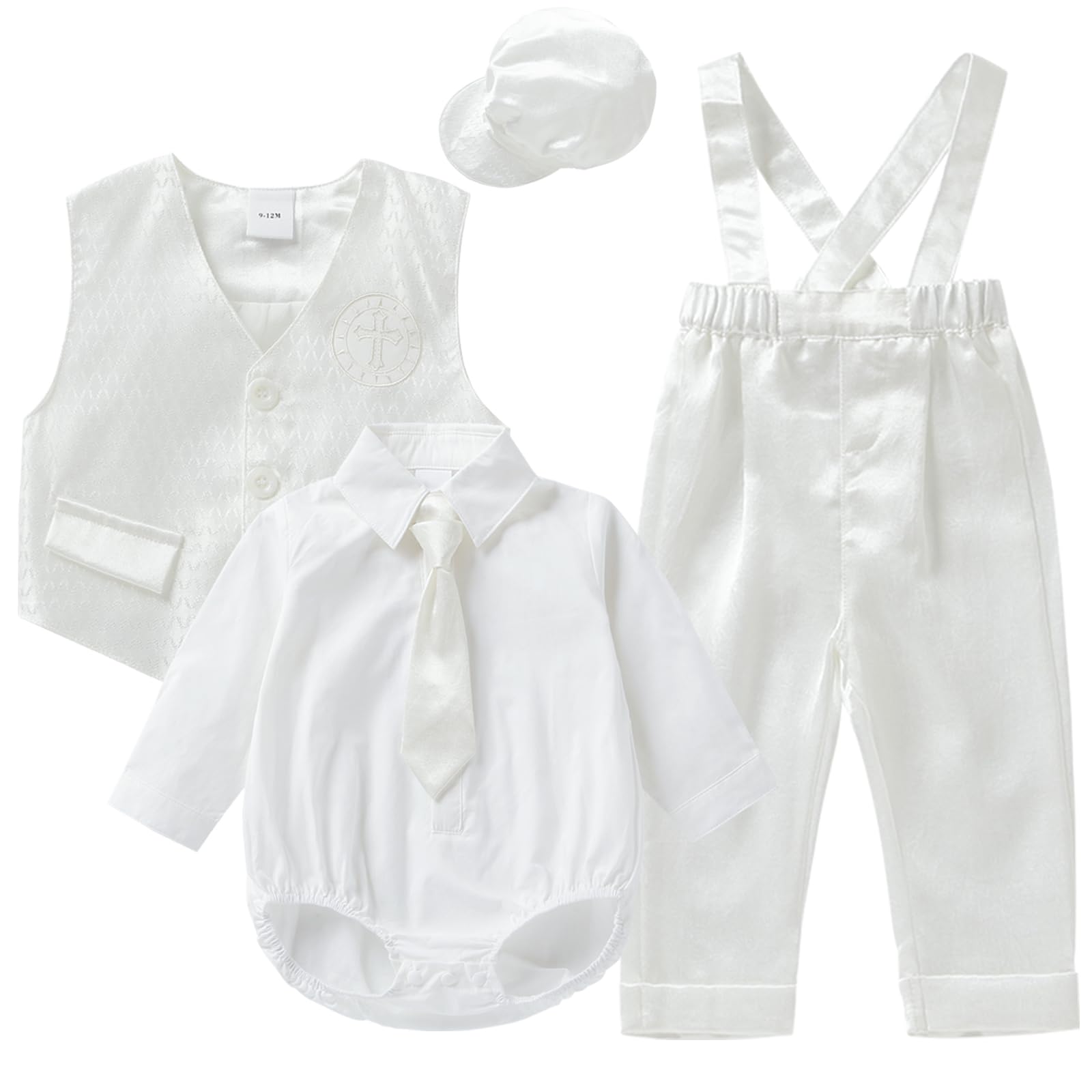 Booulfi Baby Boy Baptism Christening Clothing,Vest Bodyshirt Suspenders Pants Tie 5 Pieces Baby Boy Dress Outfit 3-6M