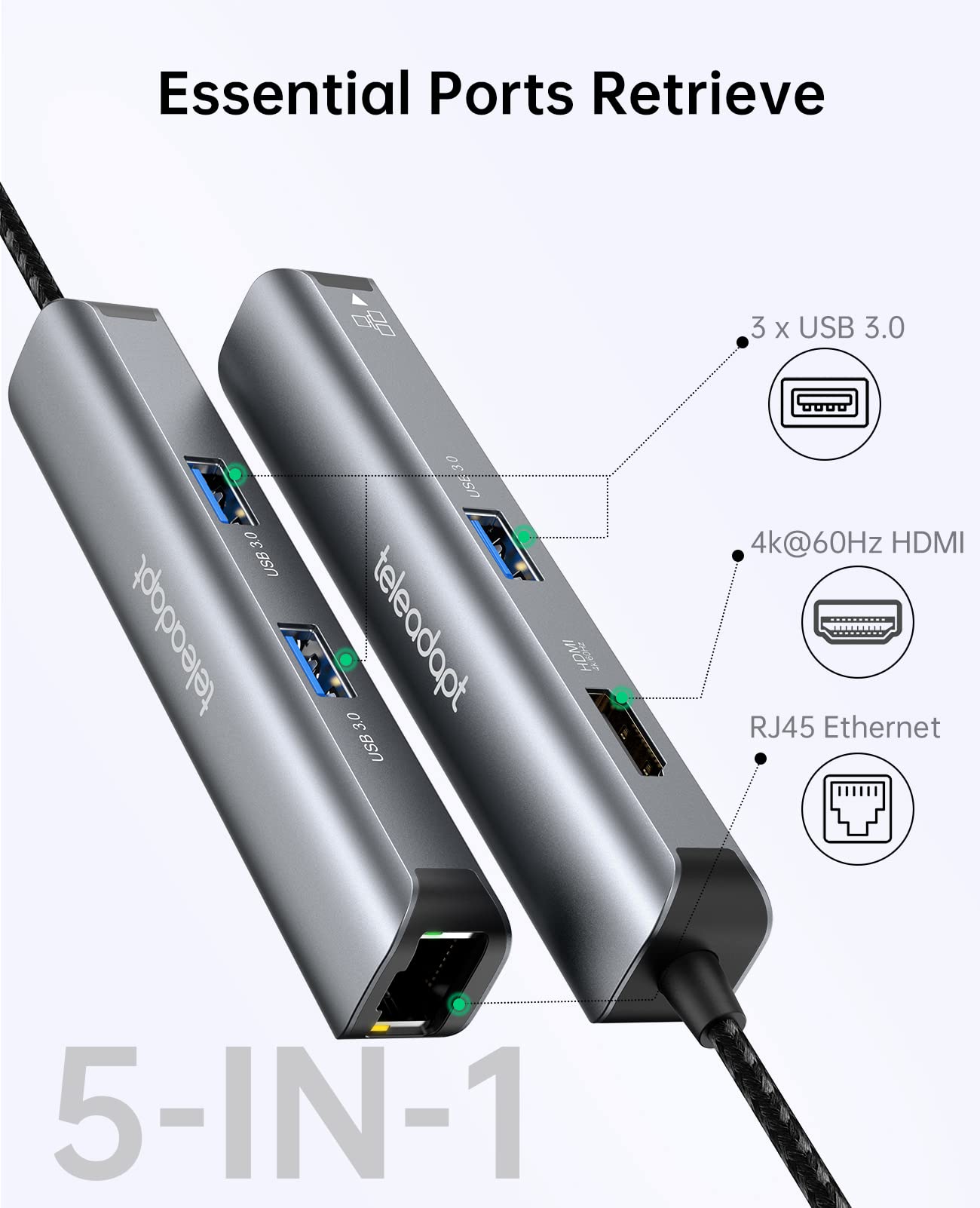 Teleadapt USB Type-C 5-in-1 Hub Adapter. 4K HDMI, 1Gbps Ethernet, 3 x USB 3.0 5Gbps Data Ports. Ideal for MacBook Air/Pro, iPad Pro, Dell XPS