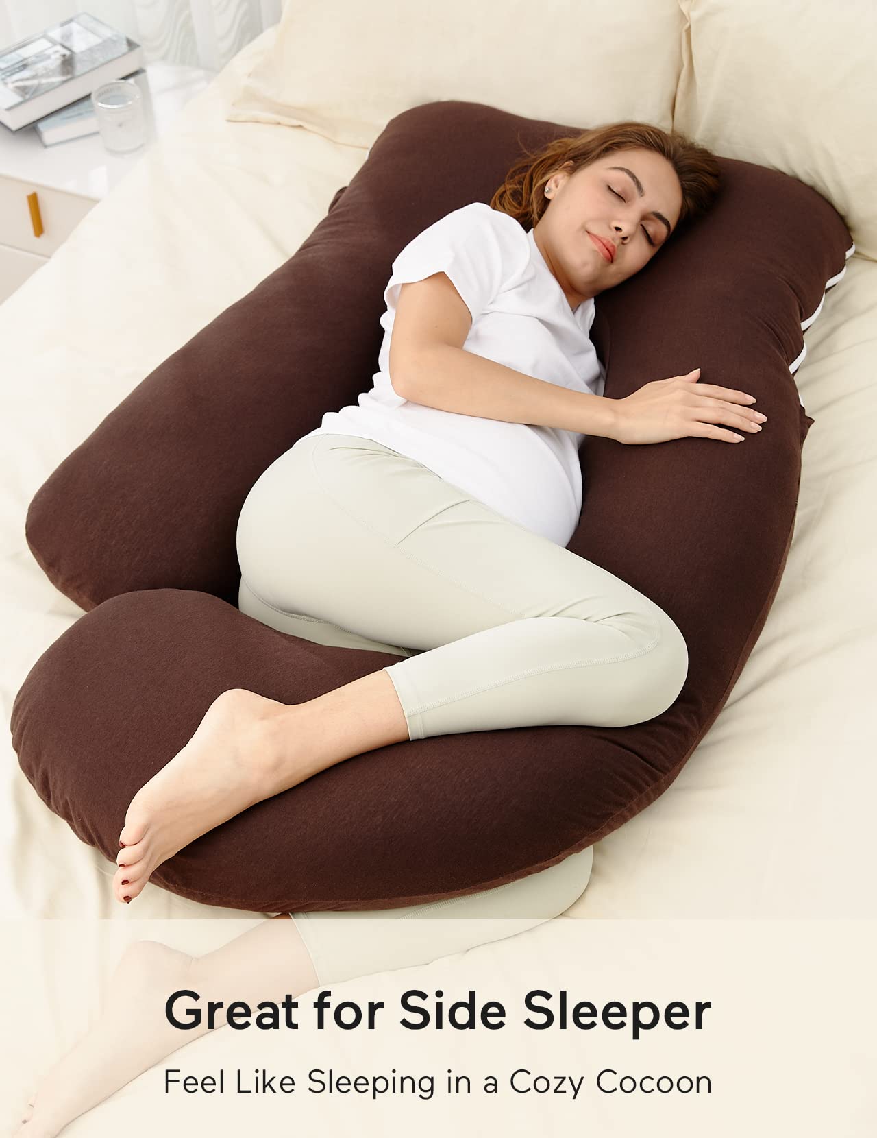 Momcozy Pregnancy Pillows for Sleeping, U Shaped Full Body Maternity Pillow for Side Sleeping - Support for Back, Legs, Belly, Hips, 57 Inch, Brown