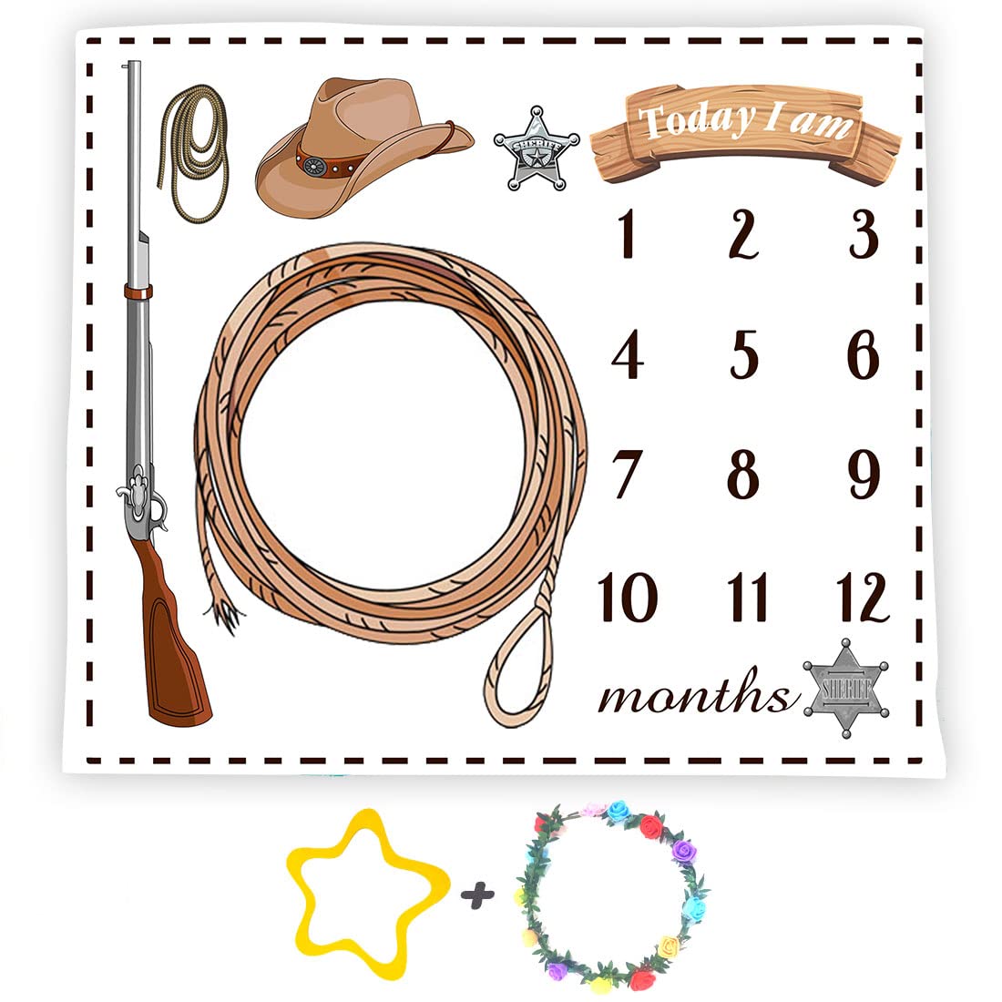 Cowboy Theme Baby Monthly Milestone Blanket, 48x40in Soft Flannel, Gun Rope Backgrounds, Newborn Mom Gifts, Baby Shower Age Growth Tracker with Bonus Maker BTZSSS23