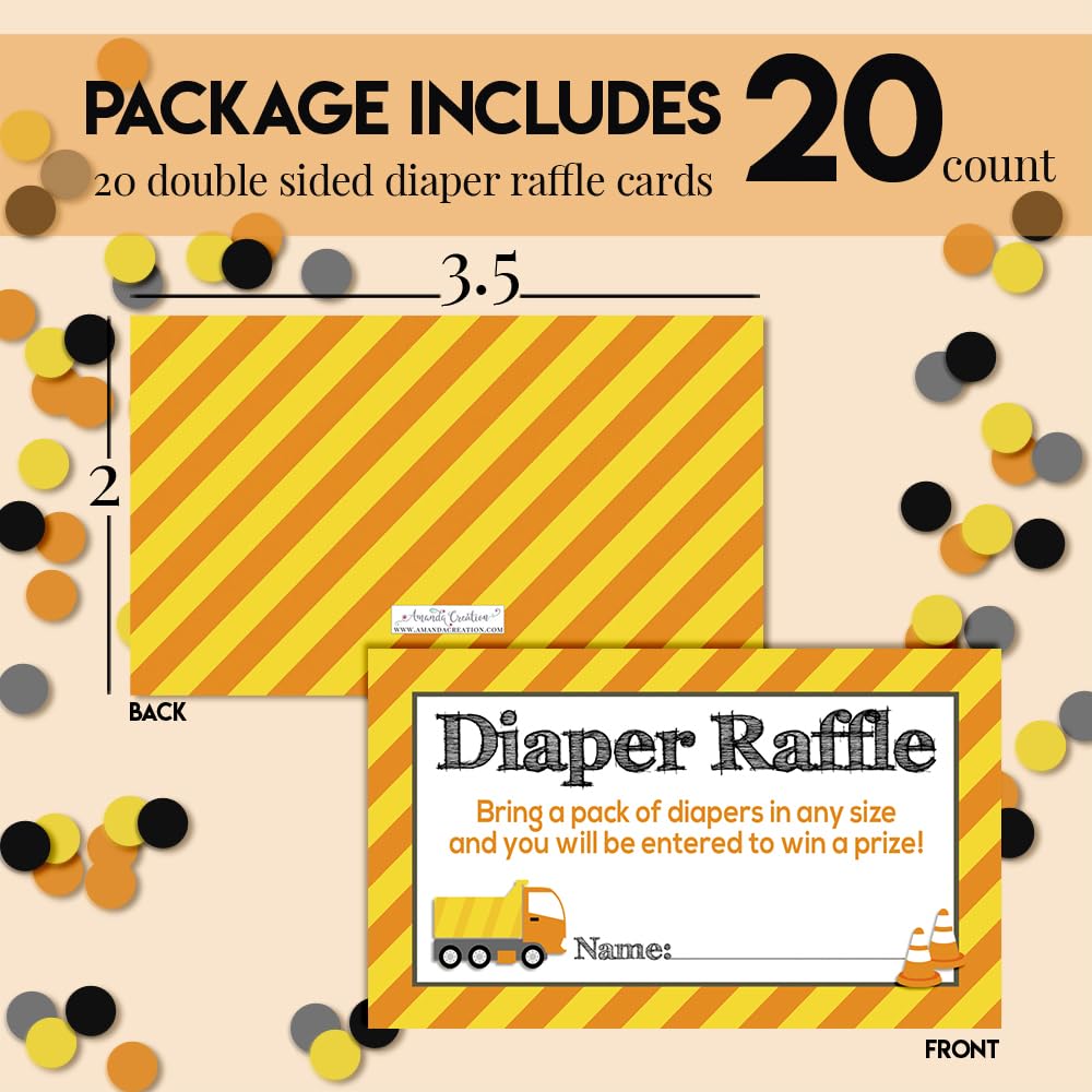 Amanda Creation Baby Under Construction Diaper Raffle Tickets for Baby Boy Showers, 20 2" X 3” Double Sided Insert Cards for Games, Bring a Pack of Diapers to Win Favors & Prizes!