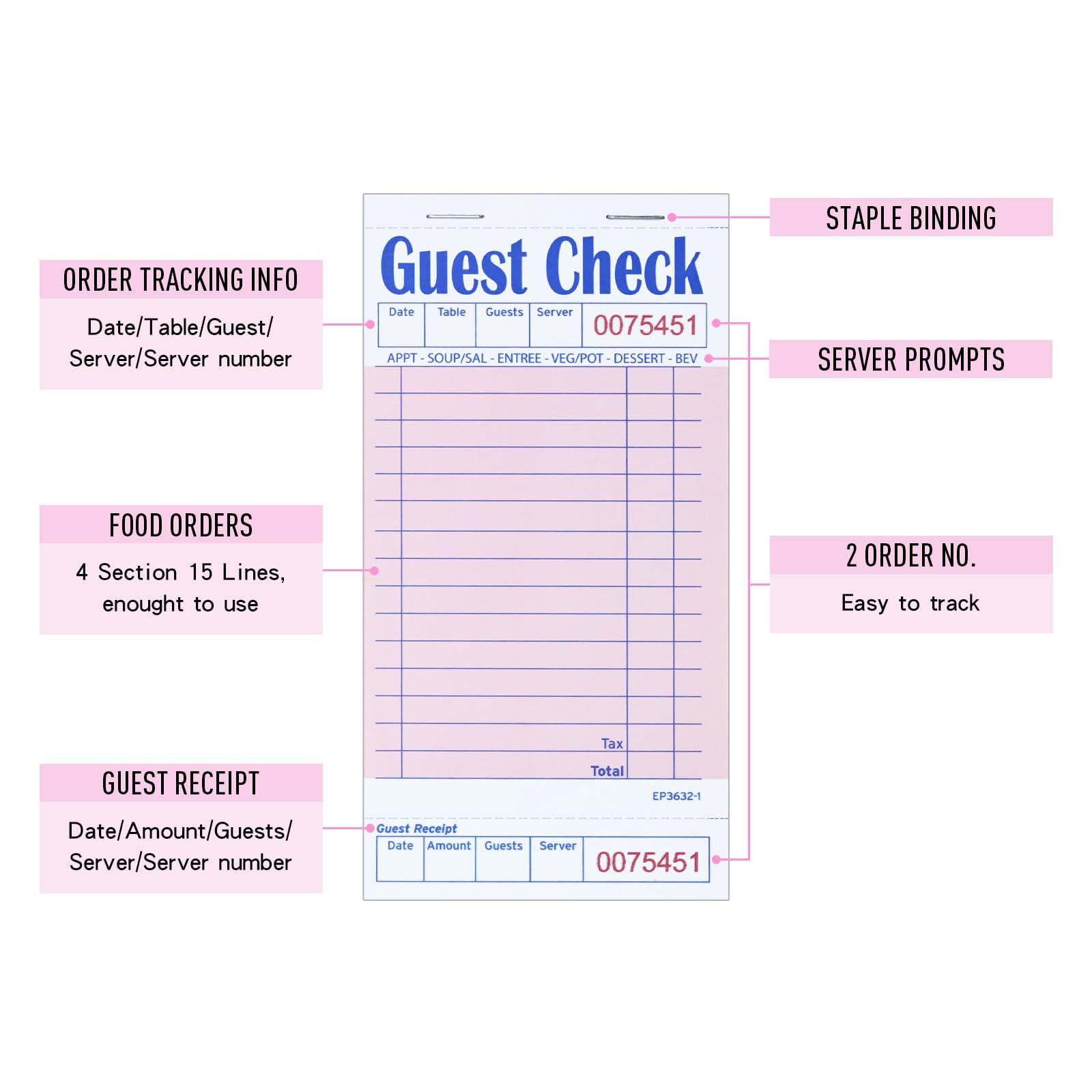 DGBDPACK Guest Check Pads EP-3632-1 (20 Pads), Total 1000 Pink Waitress Notepad, Server Order Pads