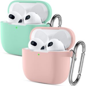 adorve airpods 3rd generation case cover, silicone protective accessories case skin with keychain compatible with apple airpod 3 gen 2021 new for women men, 2 pack, mint green, sand pink