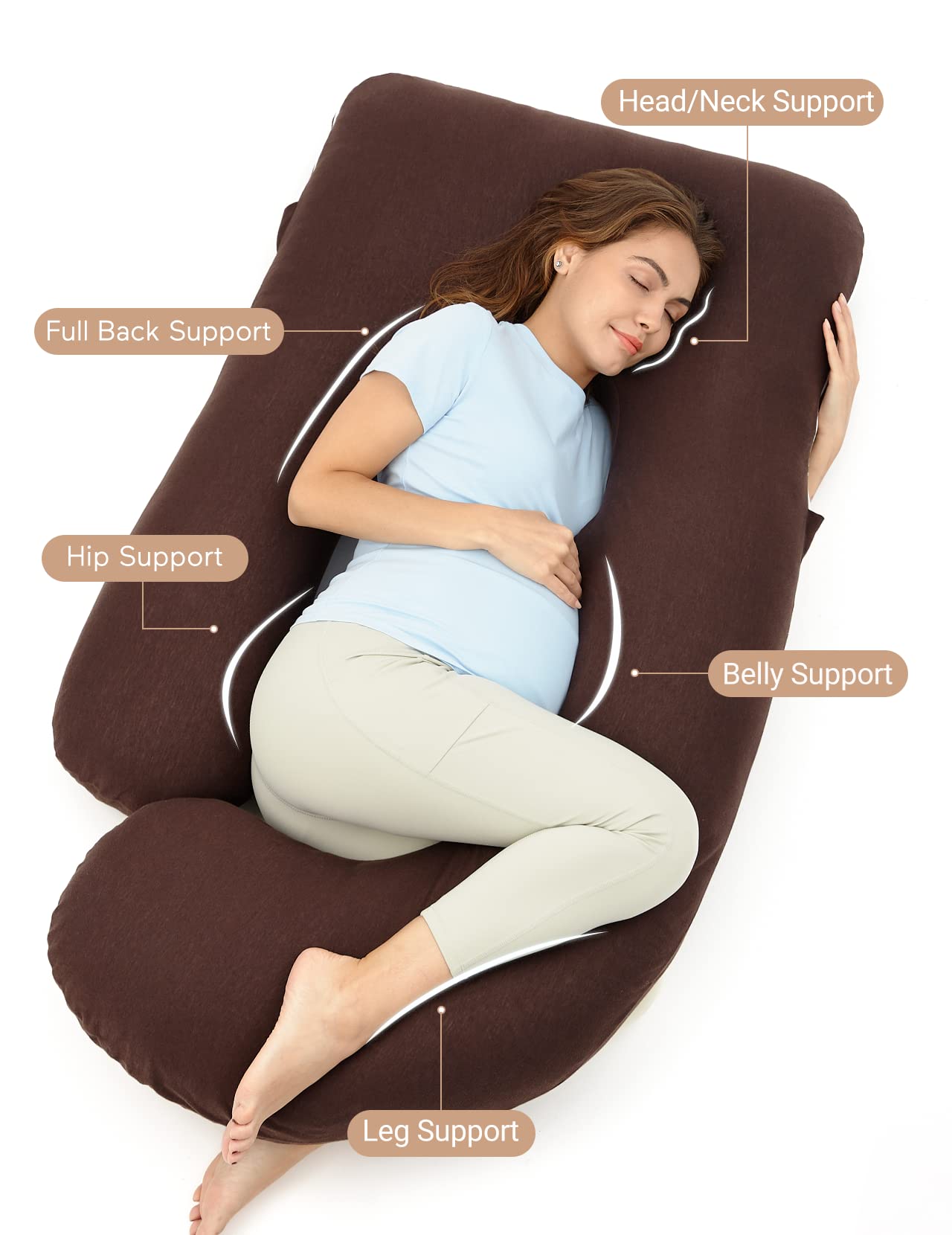 Momcozy Pregnancy Pillows for Sleeping, U Shaped Full Body Maternity Pillow for Side Sleeping - Support for Back, Legs, Belly, Hips, 57 Inch, Brown