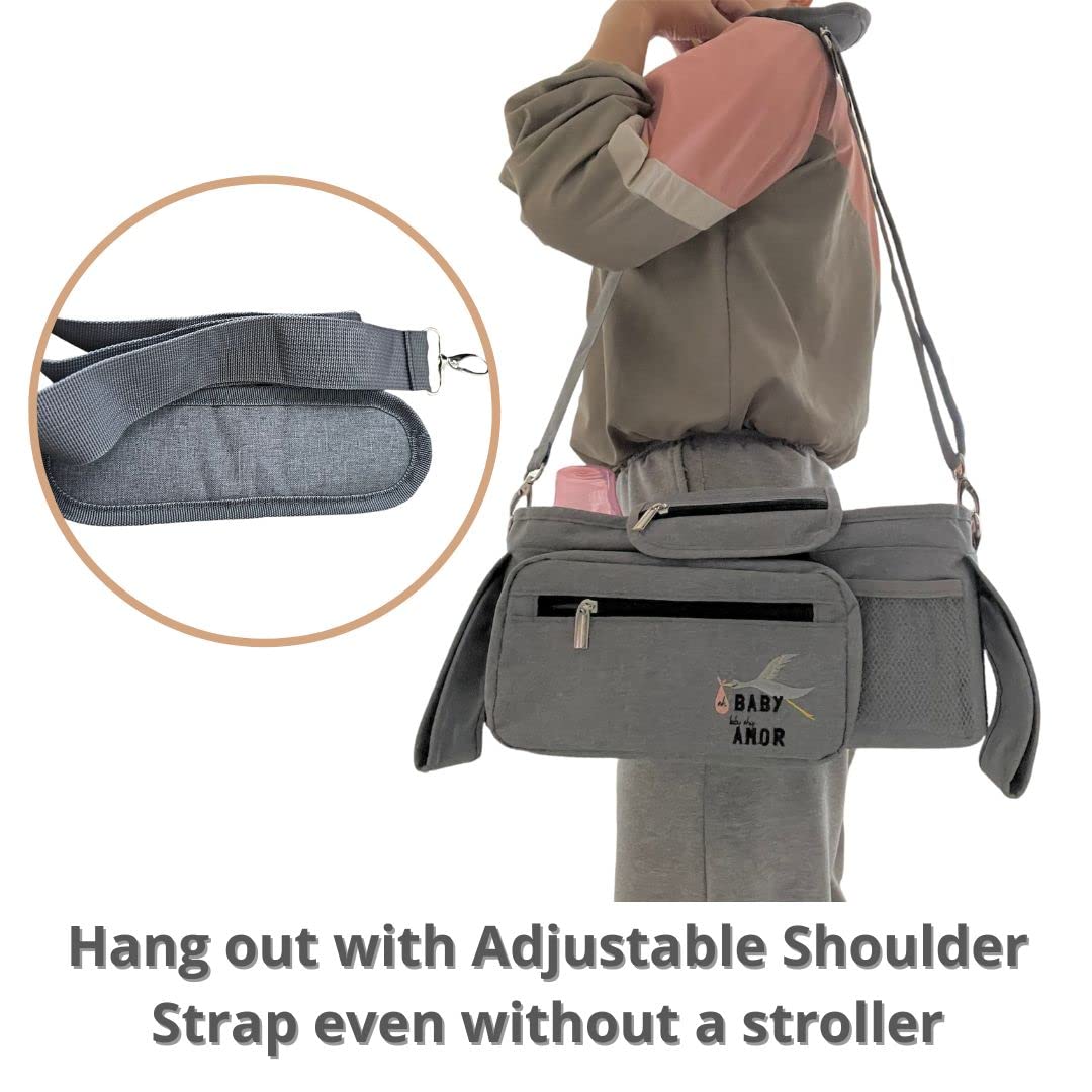 Baby Amor Stroller Organizer with Insulated Cup Holder. Detachable Phone Bag & Shoulder Strap. Fits any stroller.