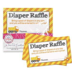 amanda creation baby under construction diaper raffle tickets for baby boy showers, 20 2" x 3” double sided insert cards for games, bring a pack of diapers to win favors & prizes!