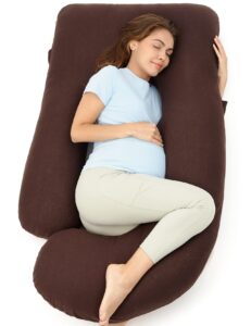 momcozy pregnancy pillows for sleeping, u shaped full body maternity pillow for side sleeping - support for back, legs, belly, hips, 57 inch, brown