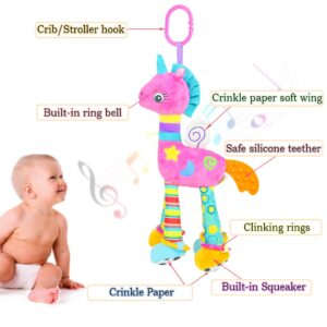 KAKIBLIN Baby Car Seat Toy, Baby Stroller Toys, Soft Hanging Rattle Baby Toy Teething Stuffed Toy, Animal Plush Wind Chime with Teether and C-Clip Ring for Infant(Pink)