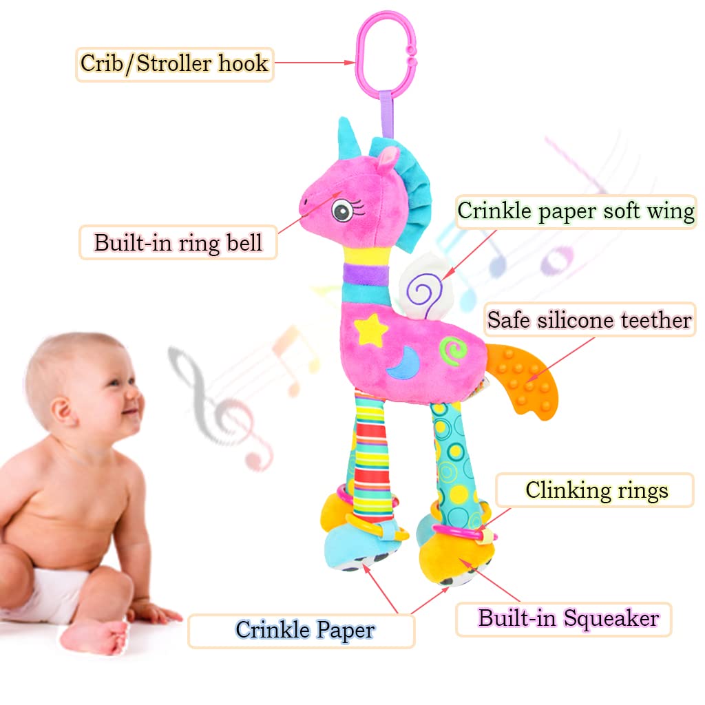 KAKIBLIN Baby Car Seat Toy, Baby Stroller Toys, Soft Hanging Rattle Baby Toy Teething Stuffed Toy, Animal Plush Wind Chime with Teether and C-Clip Ring for Infant(Pink)