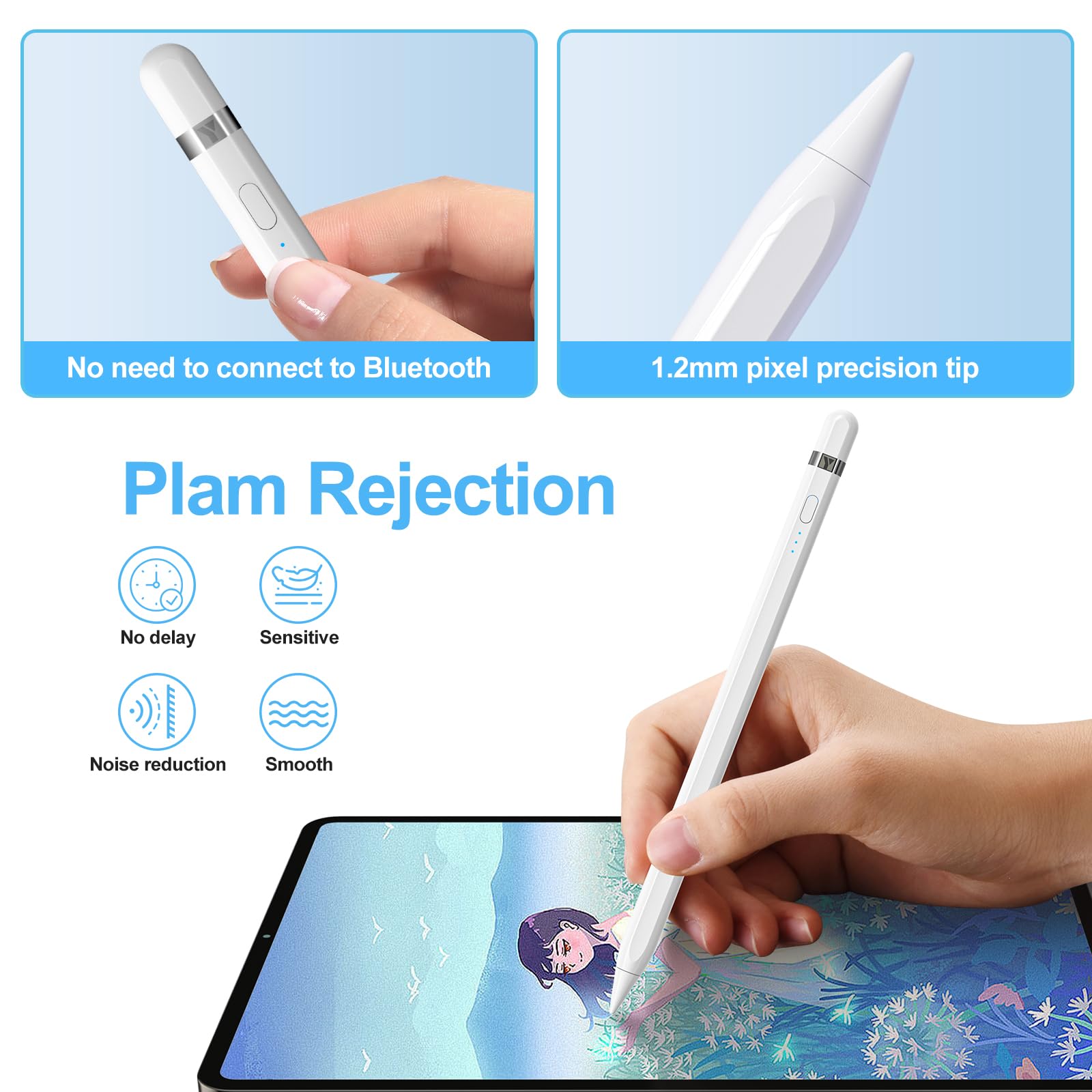 Stylus Pencil for iPad 9th/10th Generation, Yebos Stylus Palm Rejection, Magnetic Design,Compatible with Apple iPad Pro11&12.9",iPad Air 3/4/5,iPad 6-10,iPad Mini 5/6,iPad Pencil 1st/2nd Generation