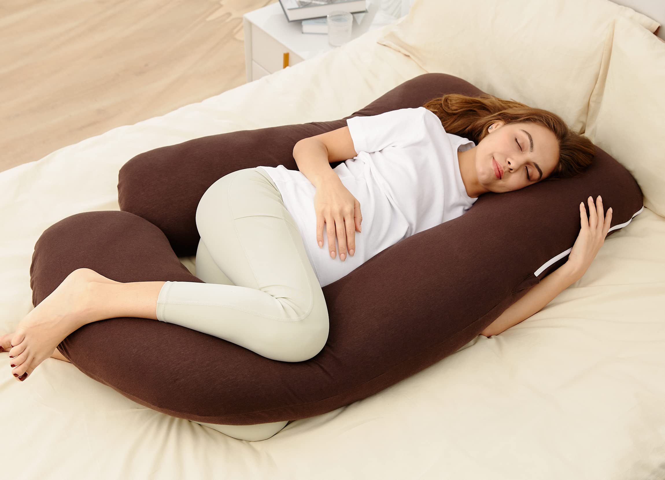 Momcozy Pregnancy Pillows for Sleeping, U Shaped Full Body Maternity Pillow for Side Sleeping - Support for Back, Legs, Belly, Hips, 57 Inch, Brown